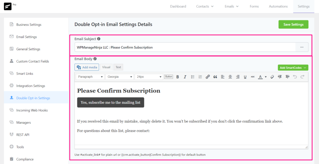 Double Opt-in Settings - FluentCRM