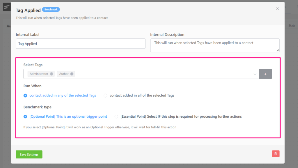 Goals or BenchMark Actions - FluentCRM