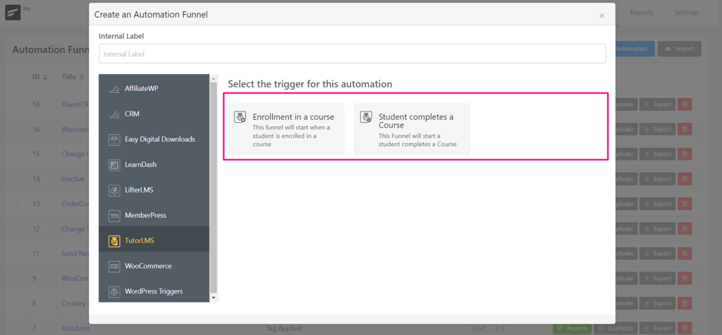 LMS Triggers - FluentCRM